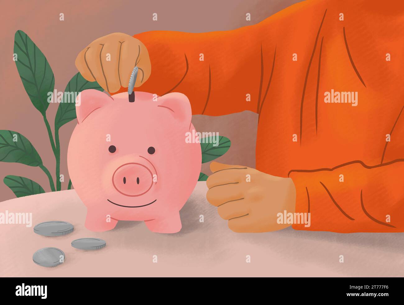 Boy placing coins in piggy bank, learning how to save money Stock Photo ...
