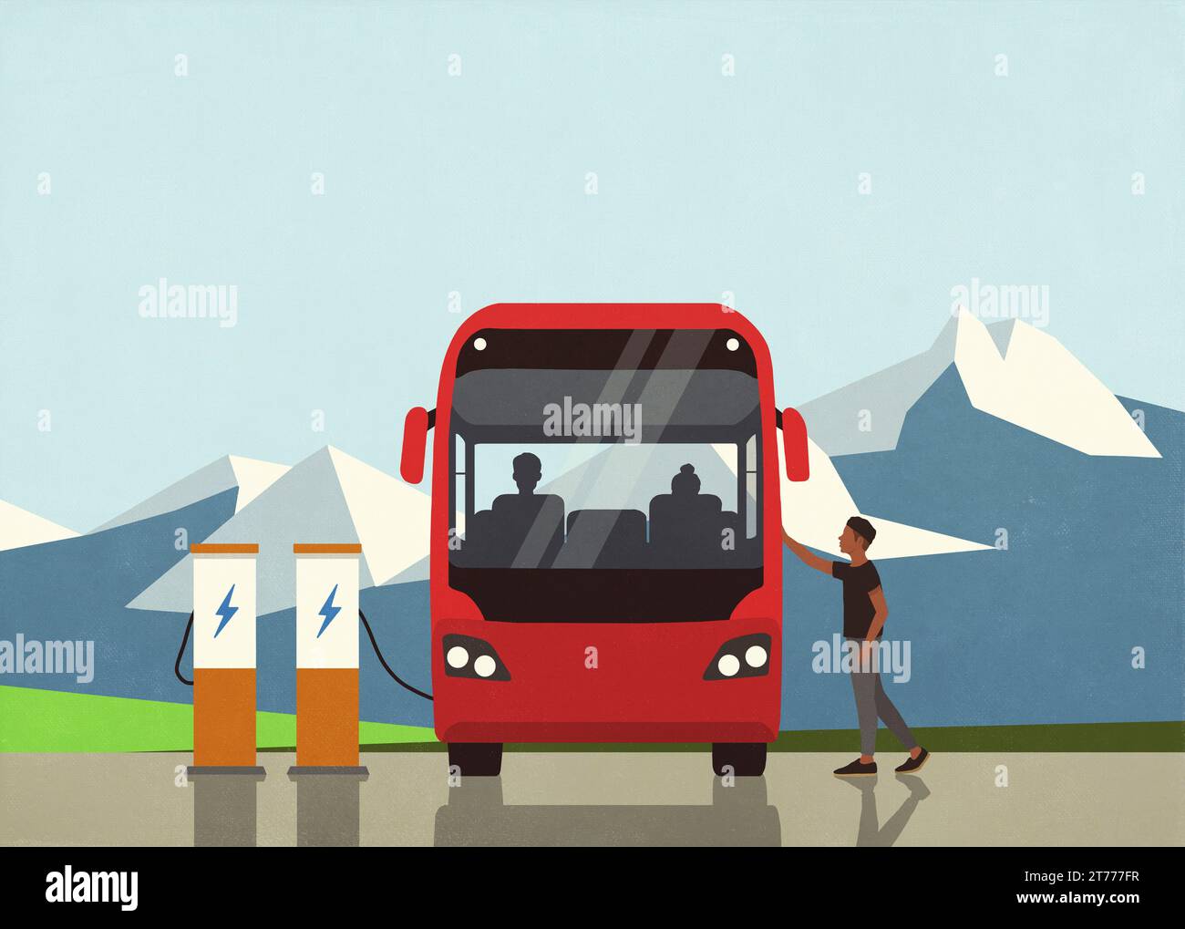 Man boarding bus at electric charging station in mountains Stock Photo ...