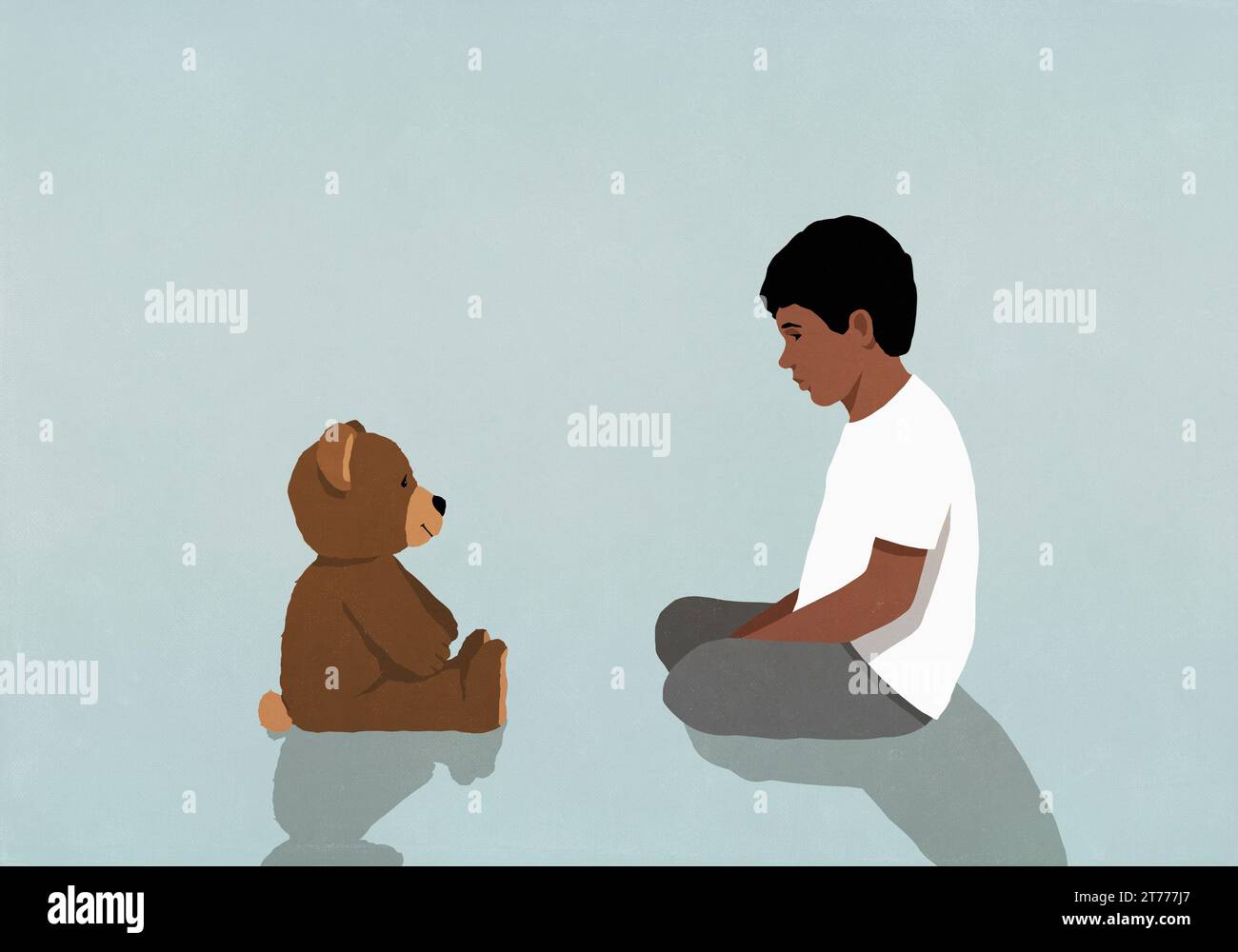 Boy sitting and staring at teddy bear Stock Photo - Alamy