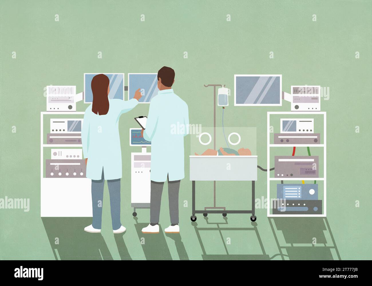 Obstetricians monitoring vitals of newborn baby in hospital incubator ...