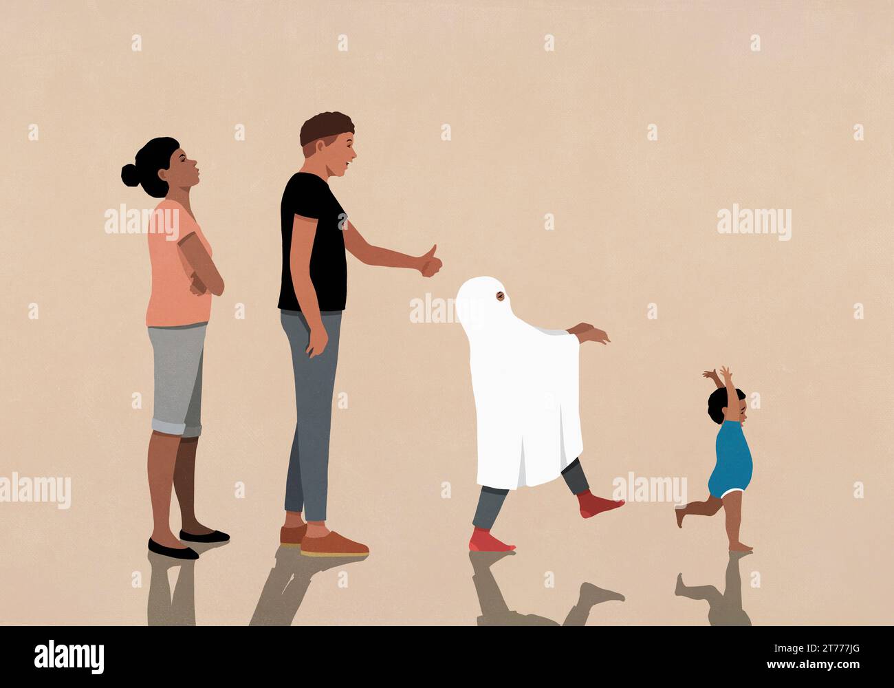 Parents watching daughter in ghost costume chase baby son Stock Photo ...