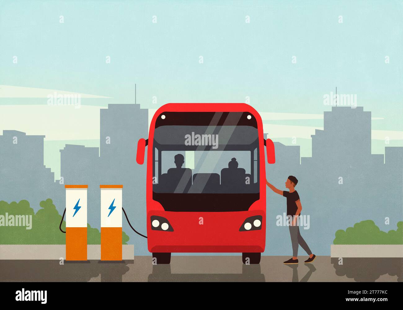 Man boarding electric bus at charging station in city Stock Photo - Alamy