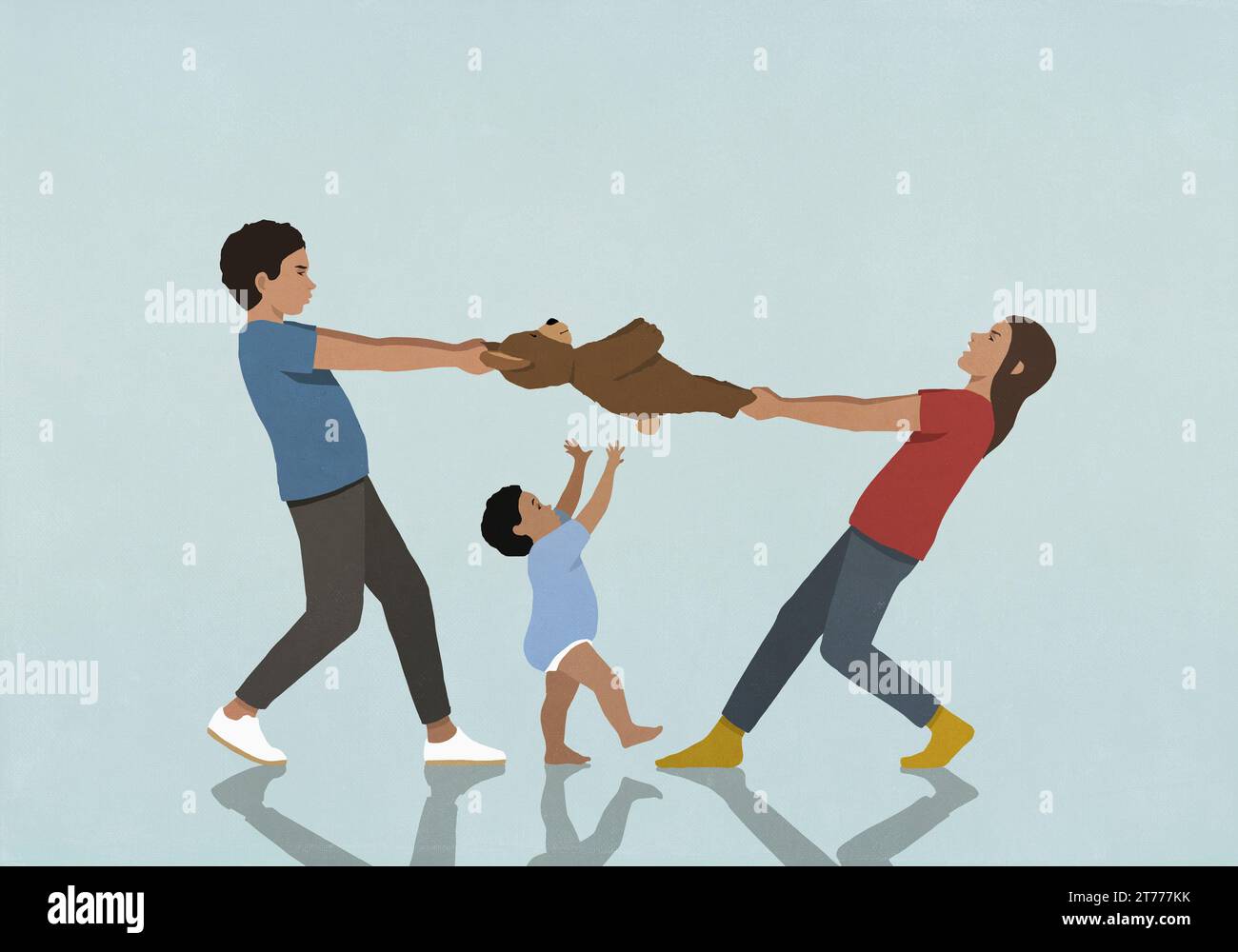 Parents fighting over teddy bear above baby son Stock Photo - Alamy