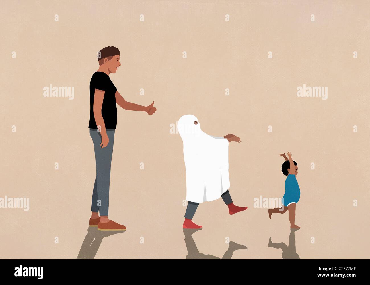 Father watching child in ghost costume chase baby son Stock Photo - Alamy