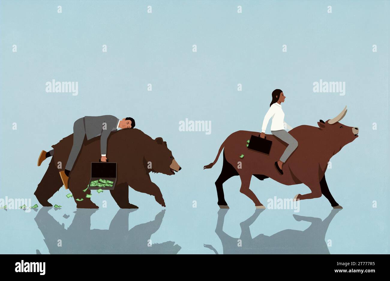 Investors riding bull and bear market with money briefcase Stock Photo ...