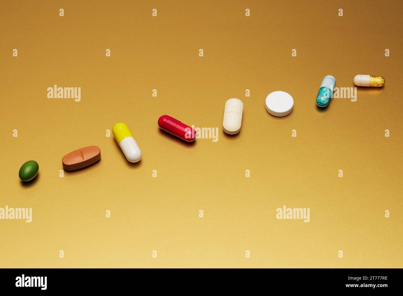 Still life arrangement variety of medication pills and capsules on ...