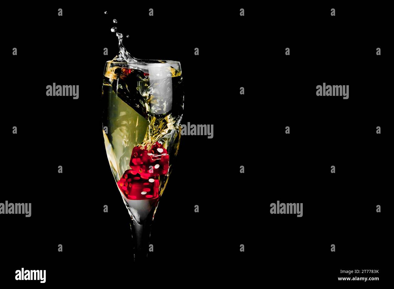 red dice in movement in one flute on black background with space for ...