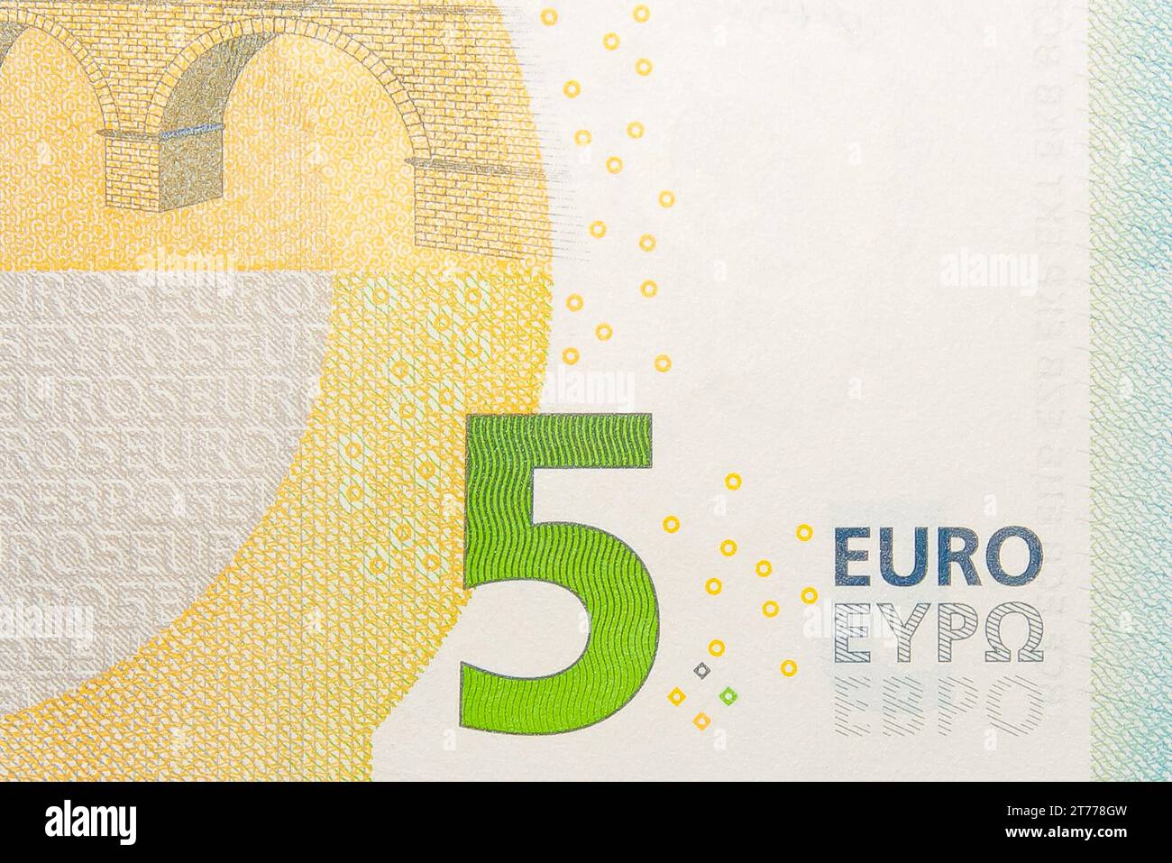detail of new five euro banknote back side, euro-zone currency Stock ...