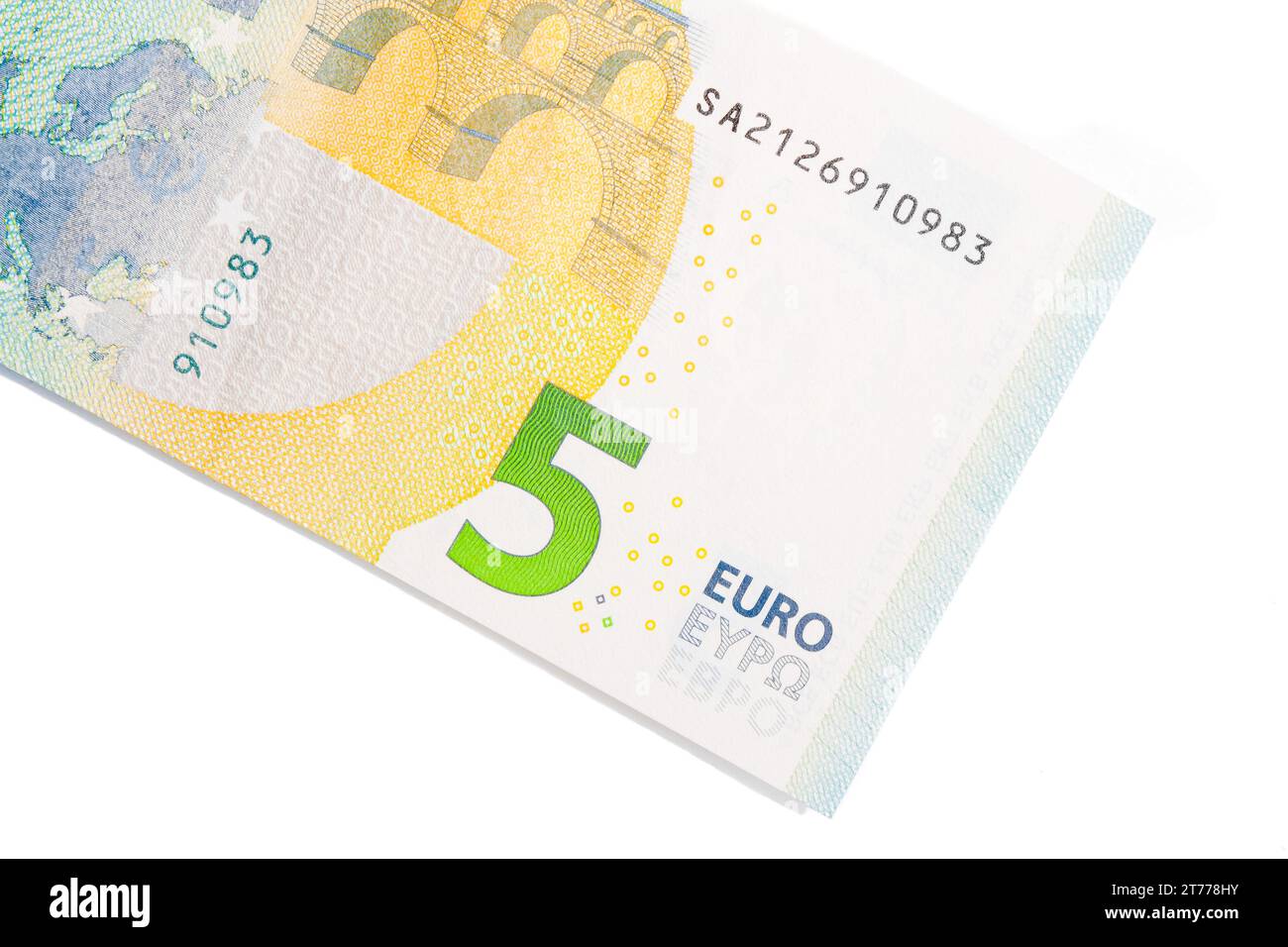 detail of new five euro banknote back side, euro-zone crisis Stock ...