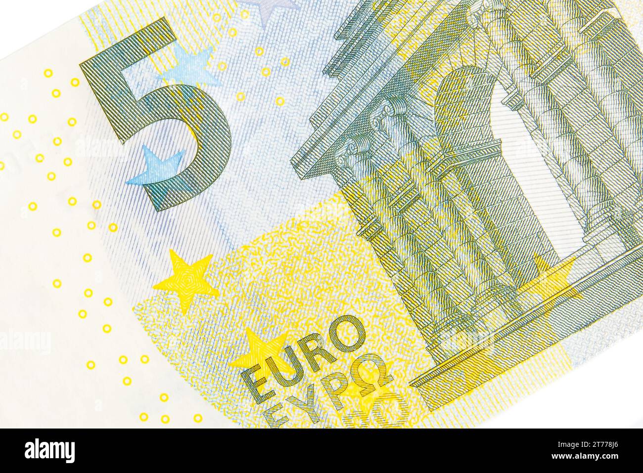 detail of new five euro banknote front side on white background Stock ...