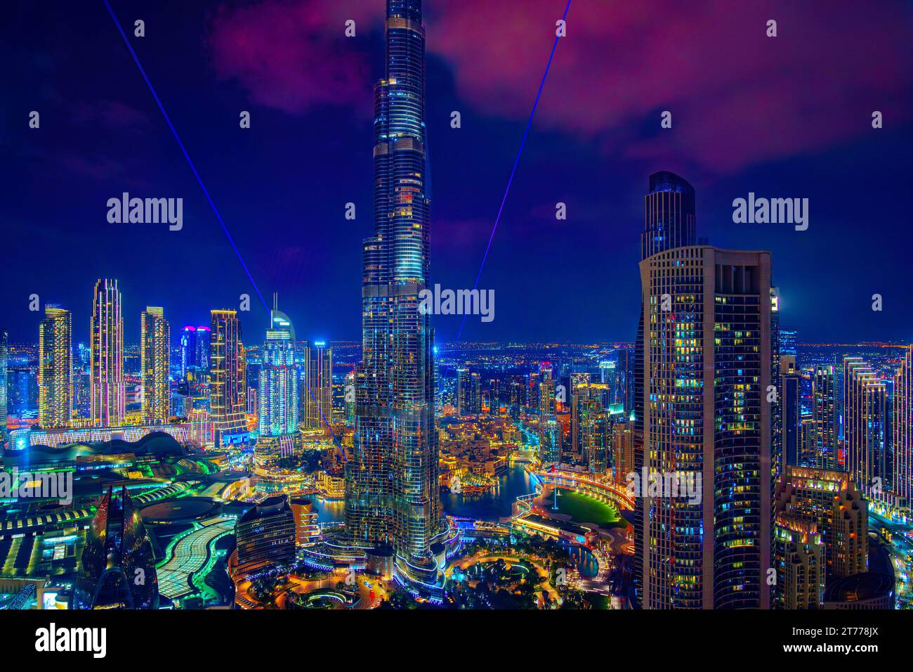 Panoramic view of Dubai Creek and night city skyline, United Arab ...