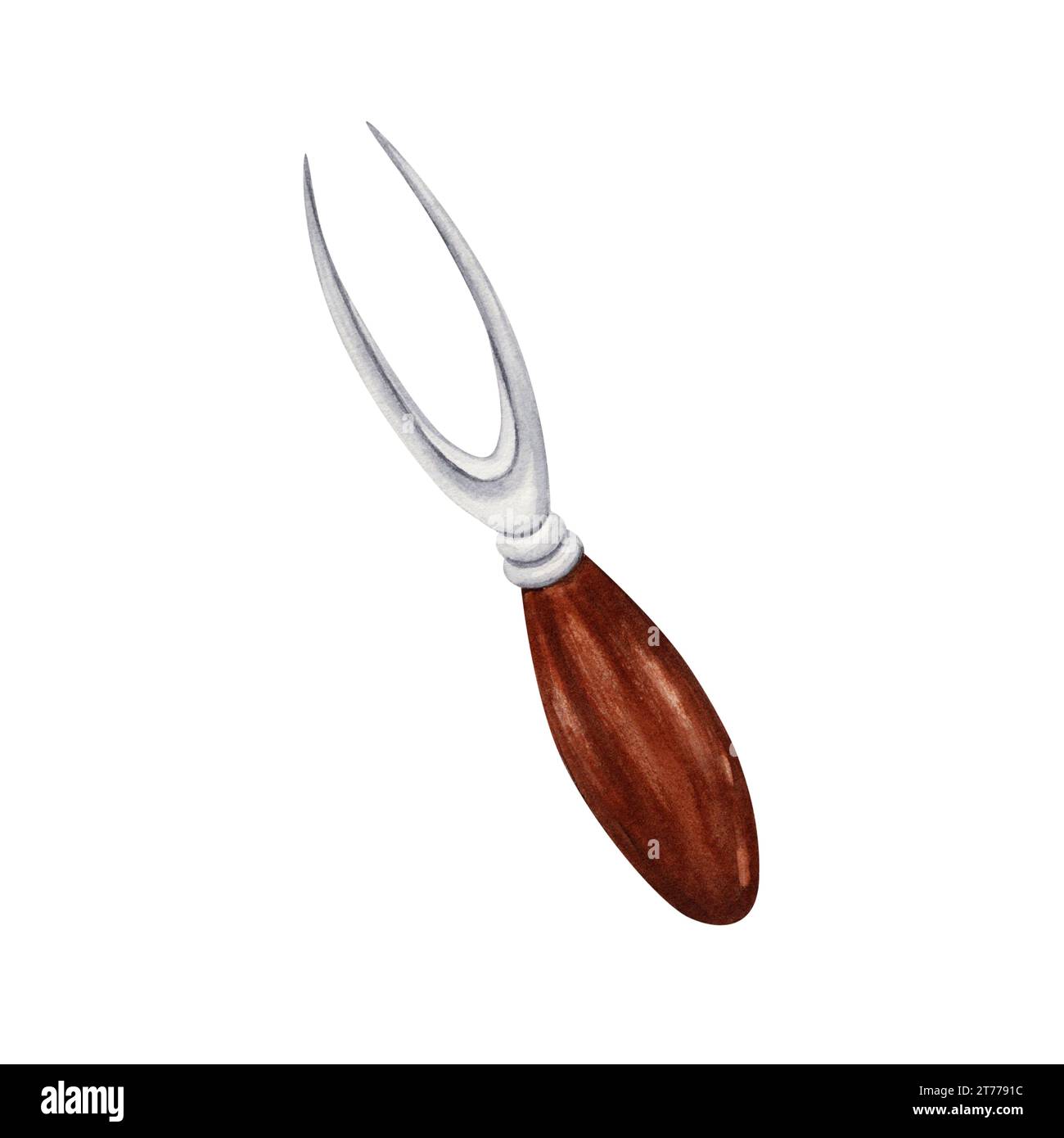 Cheese fork. Silver cutlery with wooden handle. Hand drawn watercolor ...