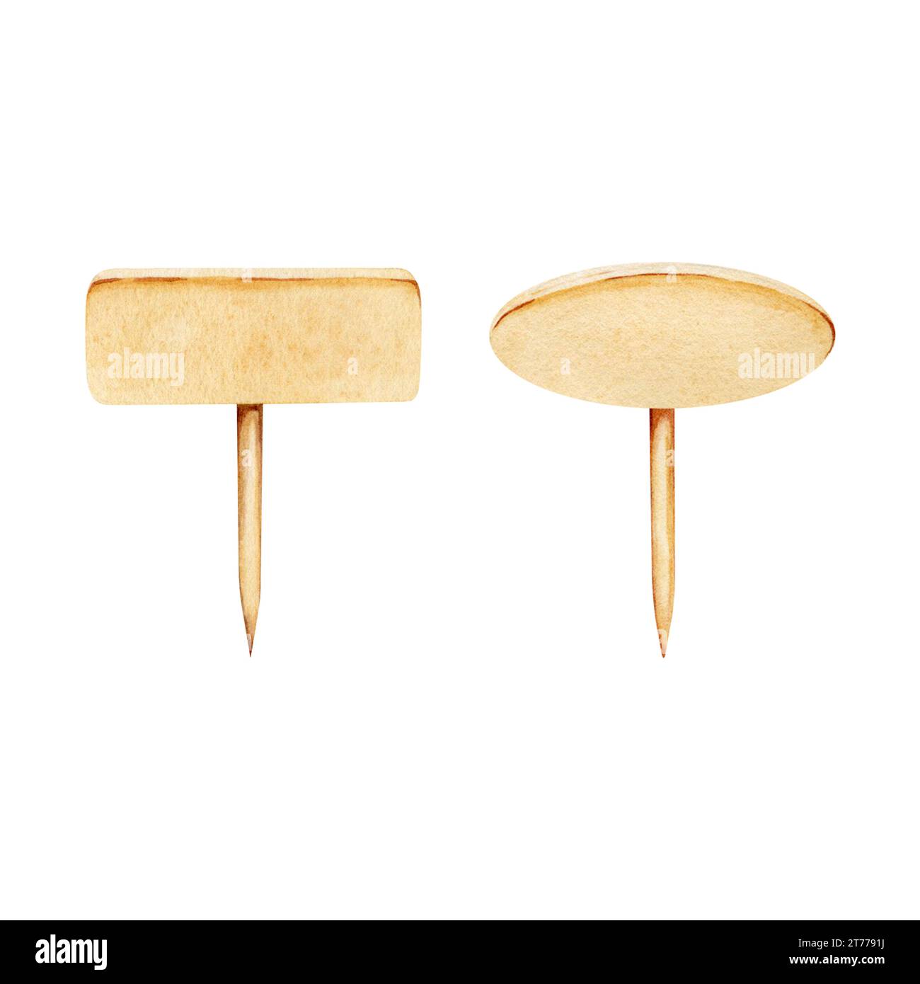 Two small wooden information labels. Round and rectangular empty picker ...