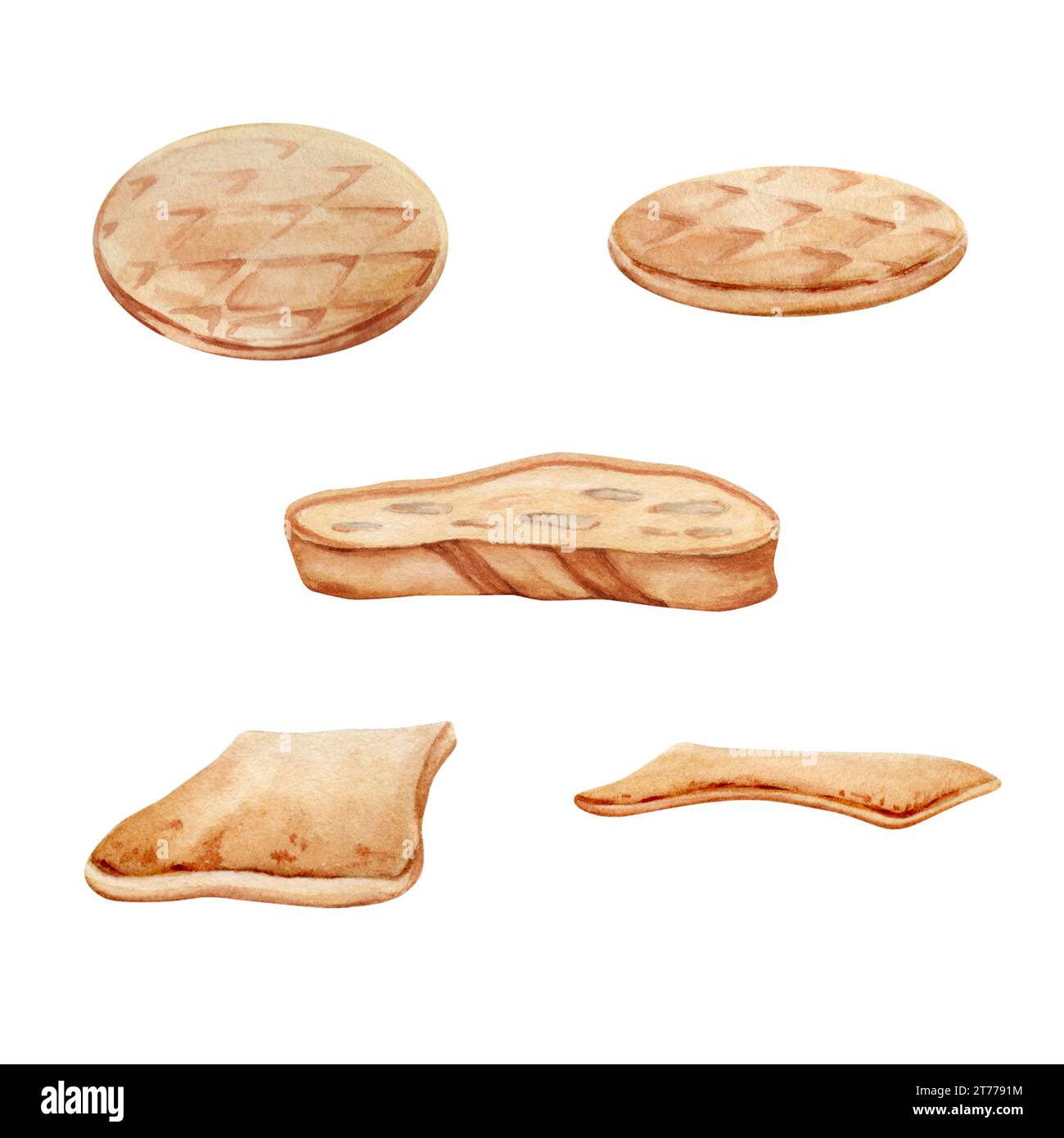 A mini set of bread products. Sliced baguette, round and square ...