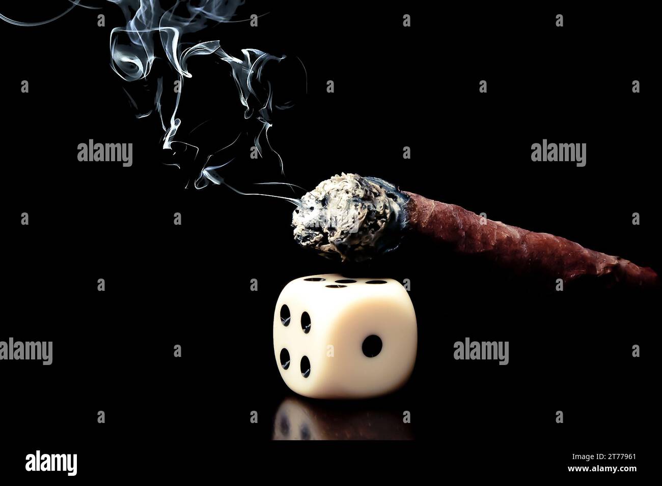 detail of one white dice and cigar with smoke on black background Stock ...