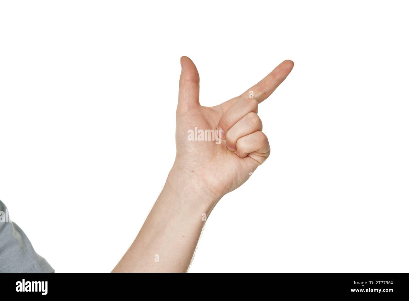 male hand pointing to the right with the index finger on white ...