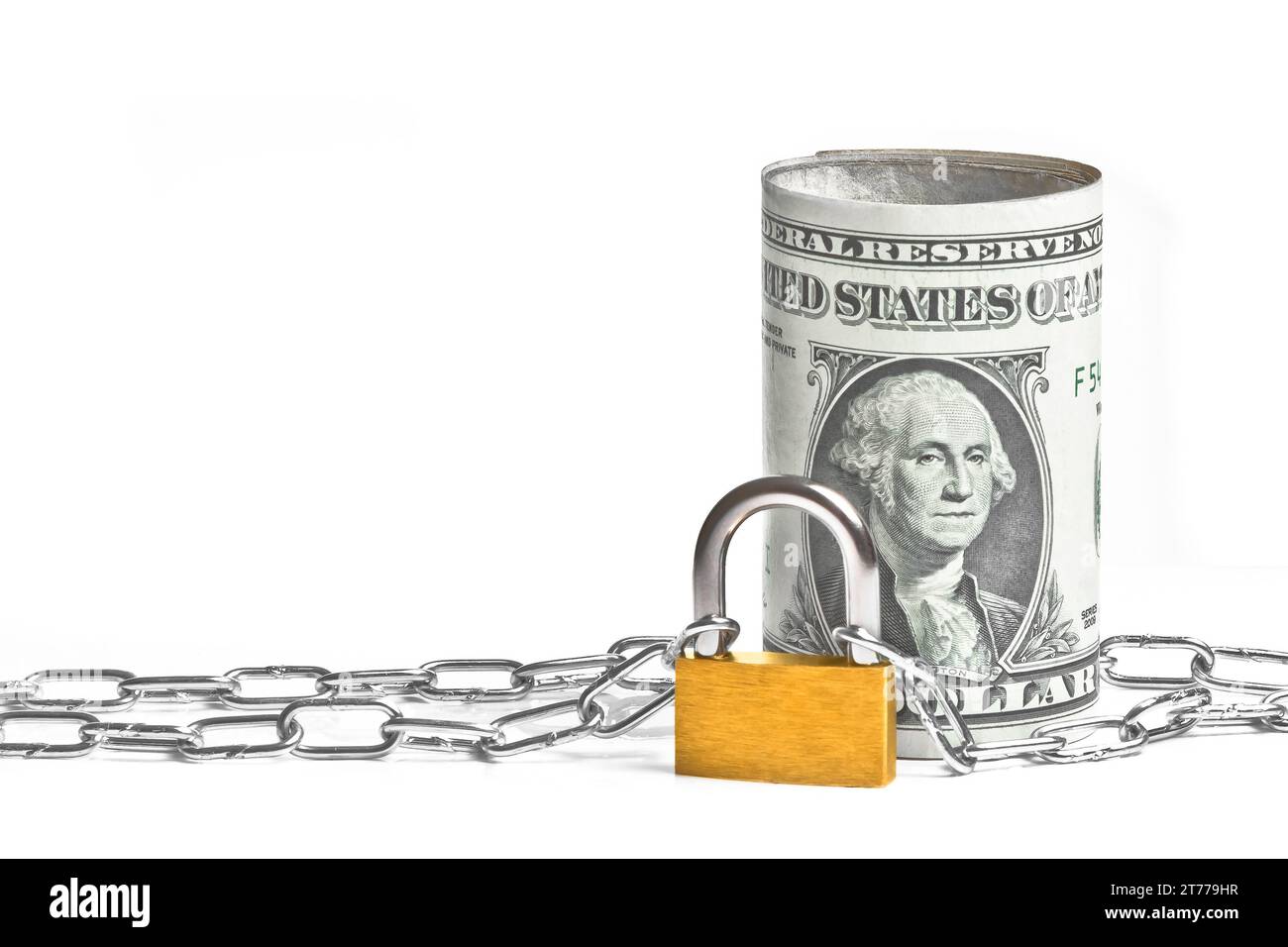 dollar banknote rolled near lock security and chain on white background ...