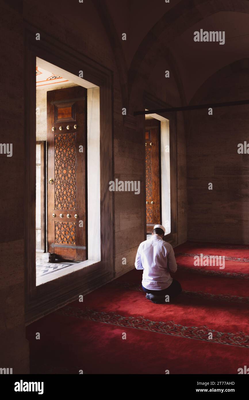 Islamic photo. Muslim Turkish man praying in the mosque. Ramadan or ...