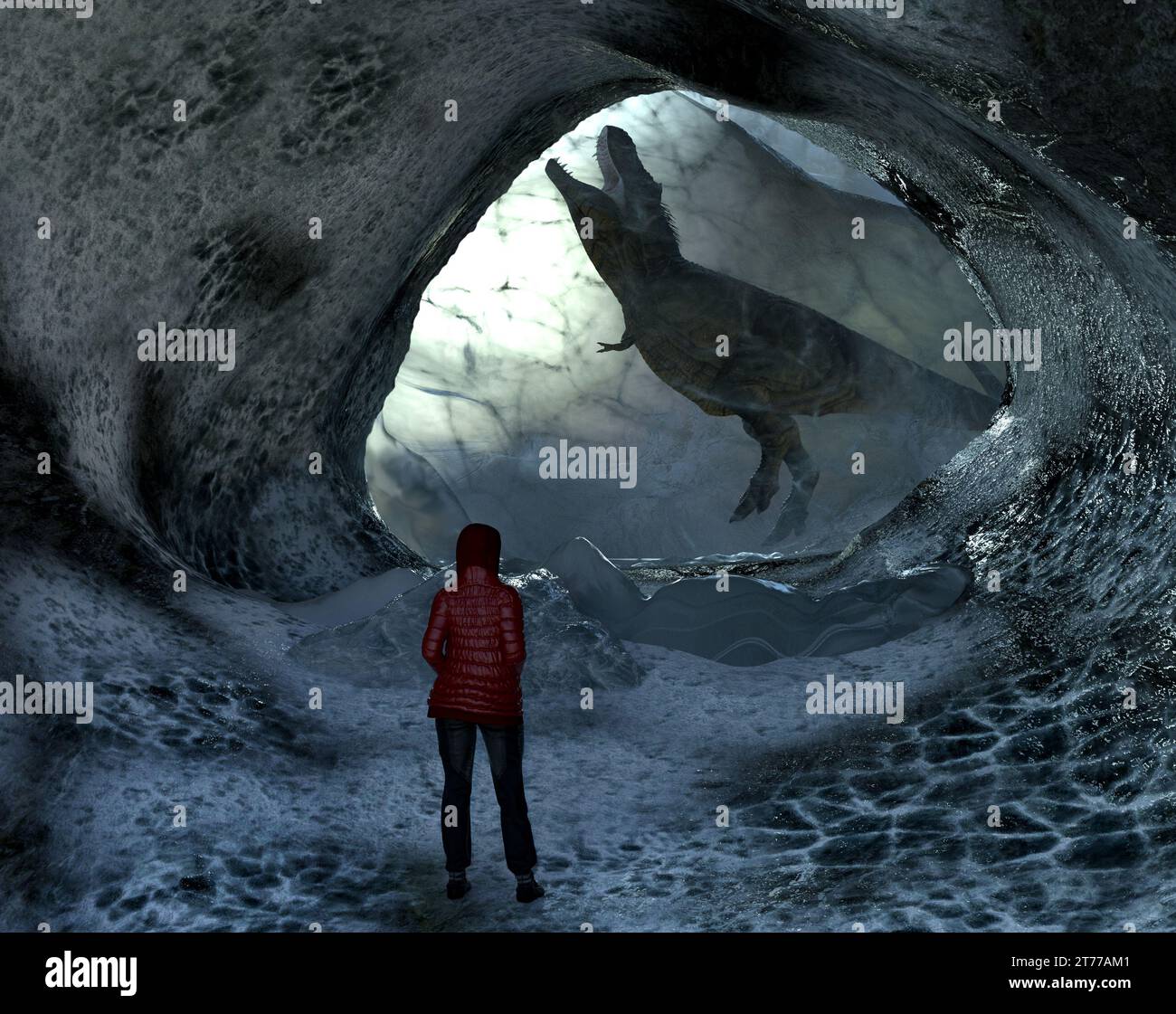 person looking at a preserved Tyrannosaurus rex encased in ice Stock ...