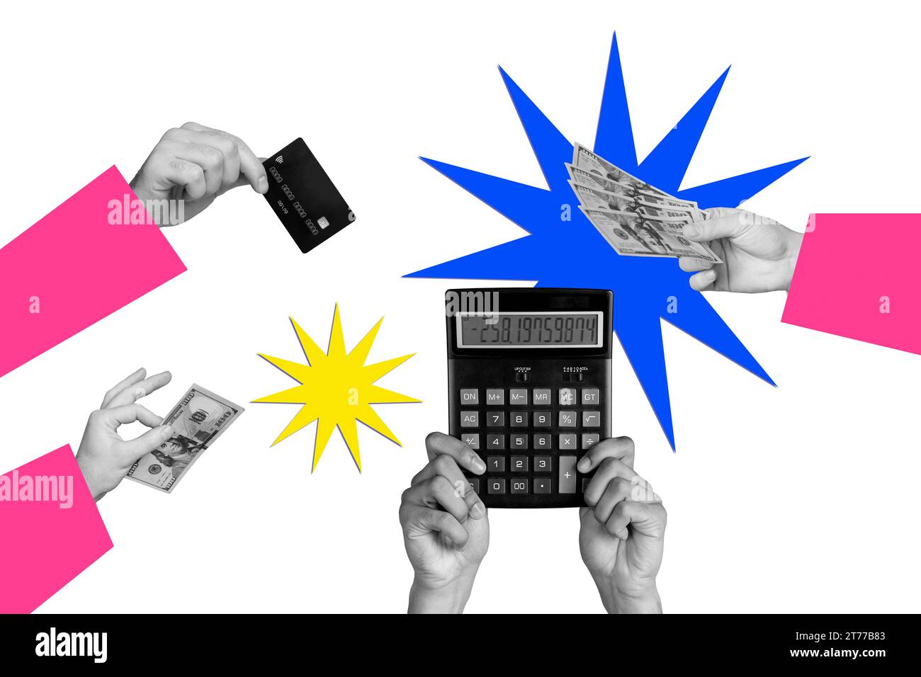 Collage picture of black white colors people arms hold dollar bills ...