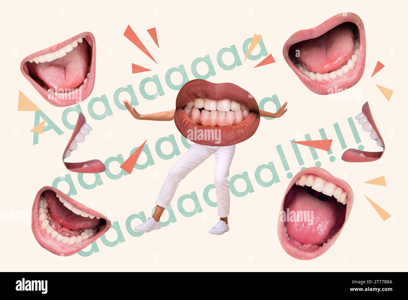 Collage 3d artwork image of irritated angry faceless person listening ...