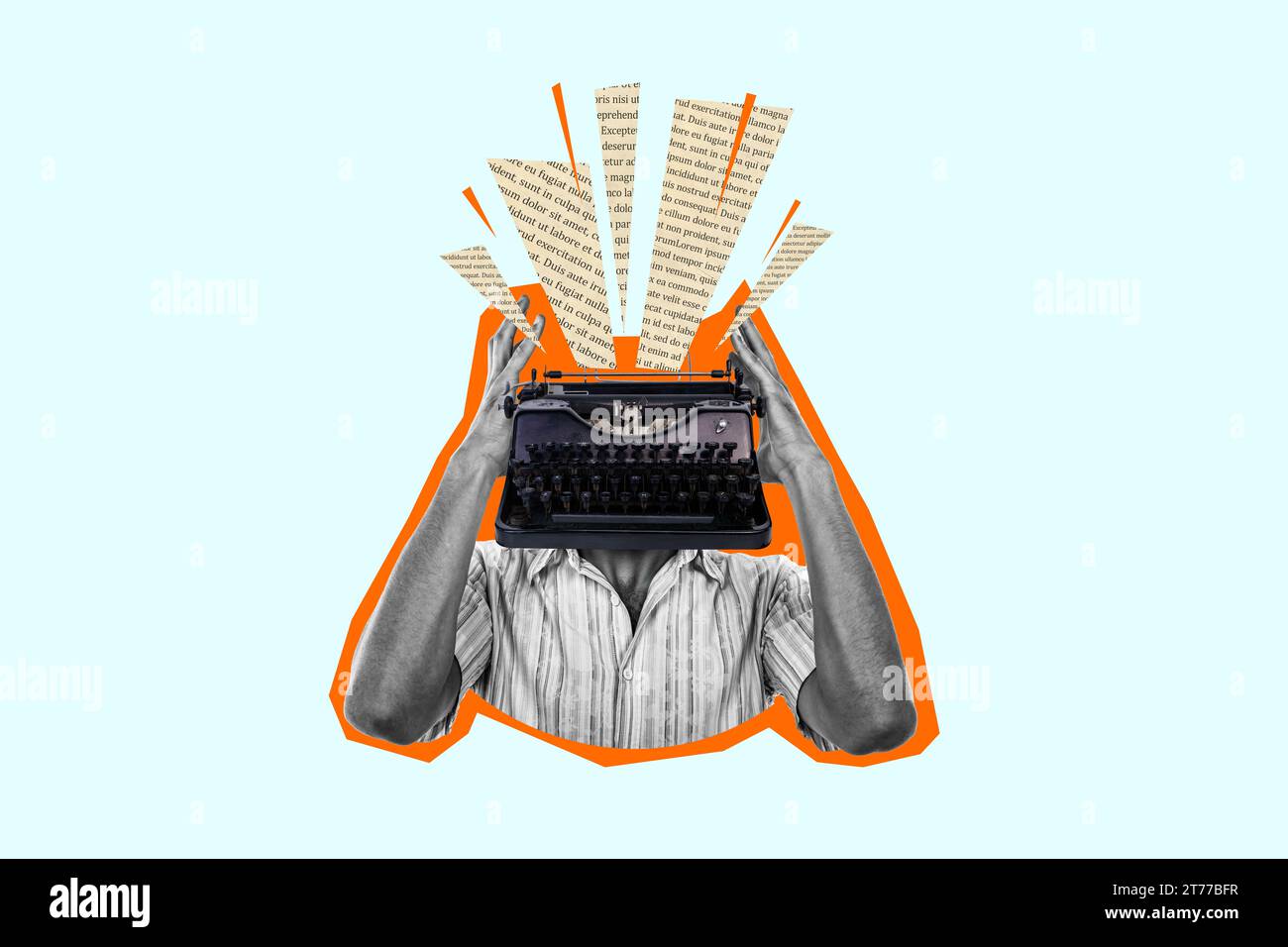 Collage image sketch of weird unusual guy journalist typewriter on head ...