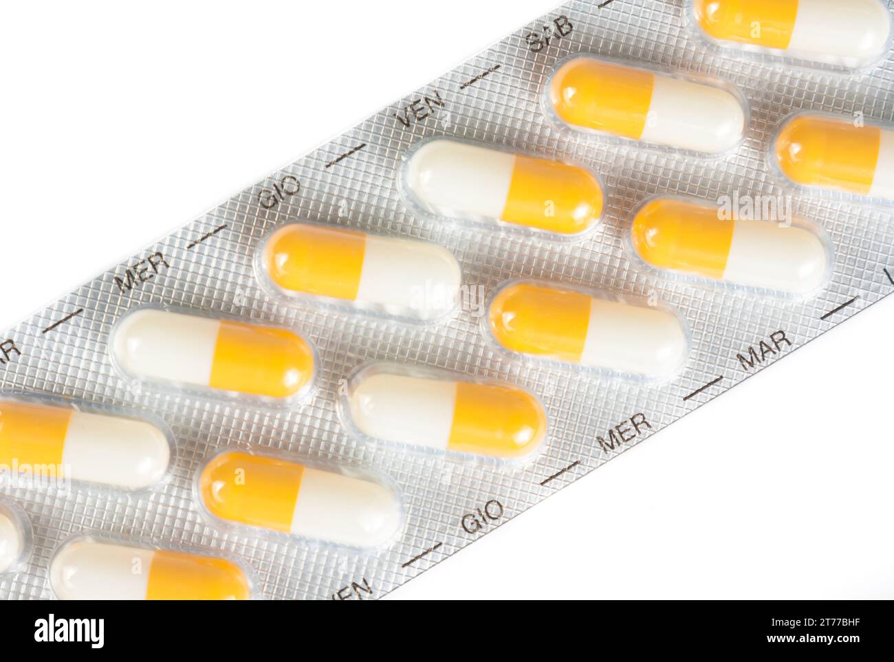 top of view of pills packed in blister isolated on white background ...