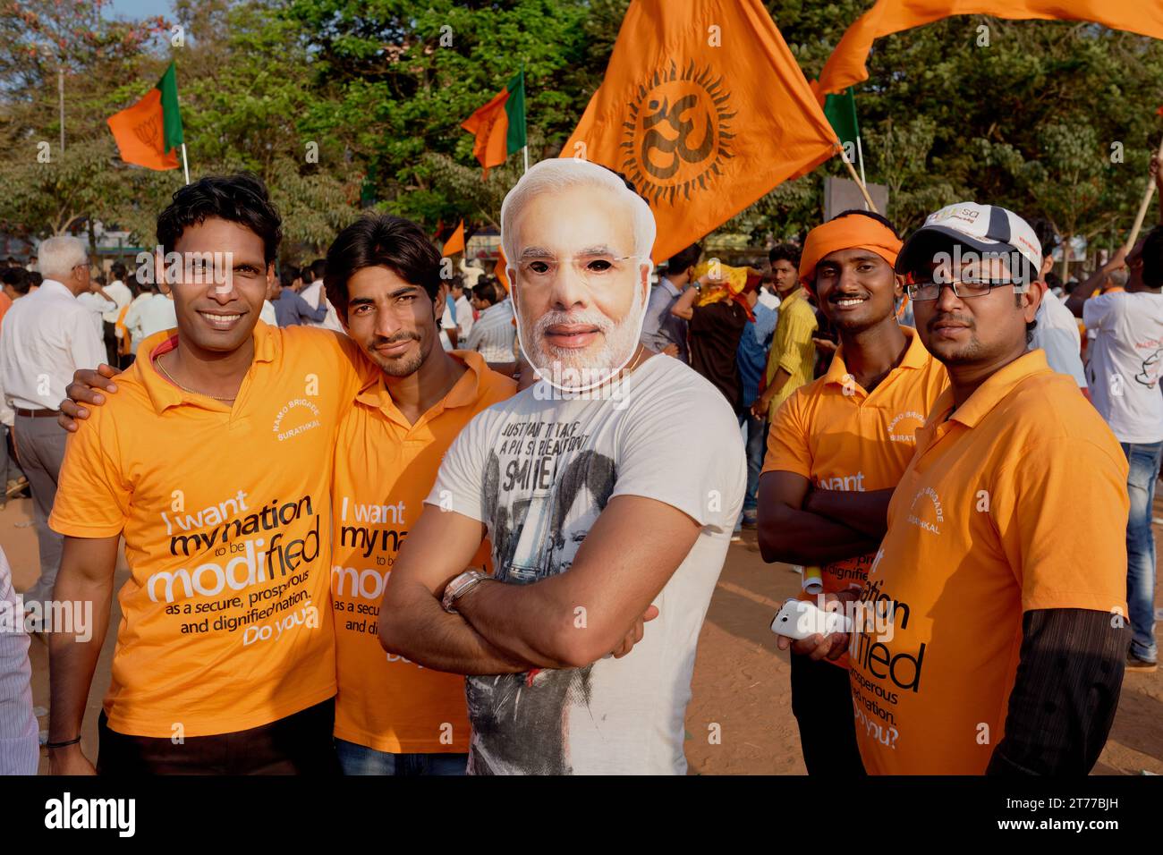 Party members at a rally of the BJP (Bharatiya Janata Party in Mangalore, Karnataka, one man ...