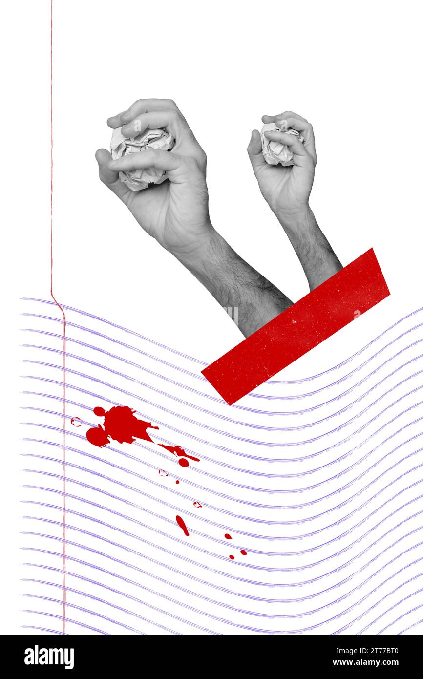 Magazine collage picture of arms holding throwing paper balls having no ...