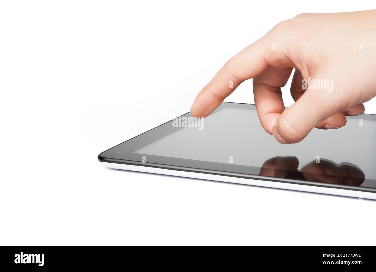 male hands using tablet pc on white background, with space for text ...