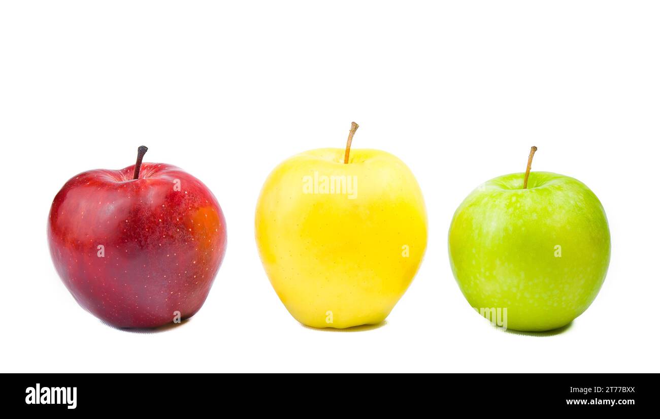 three different colorful apples on white background with space for text ...