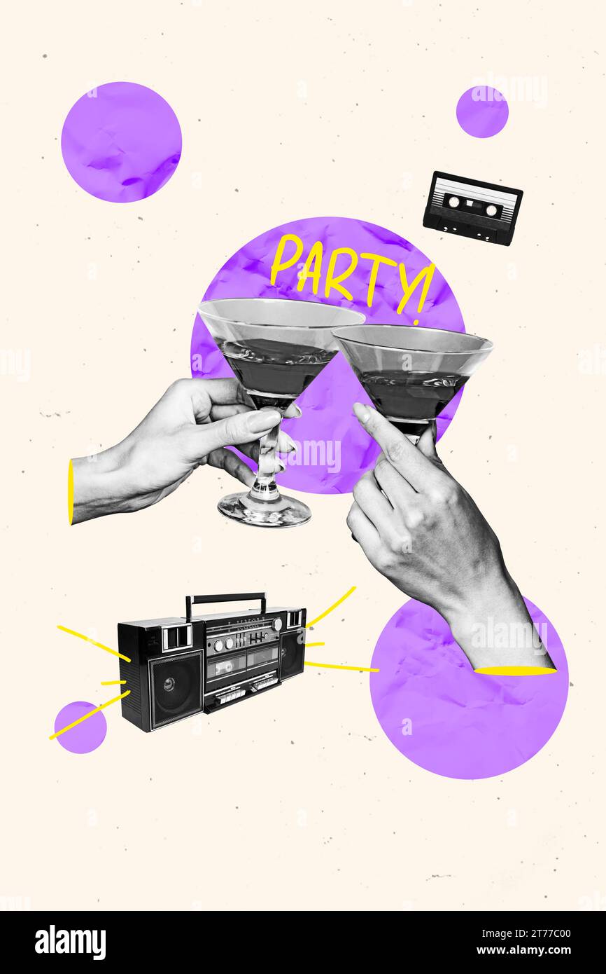 Vertical collage picture of party time theme vibe hands holding martini ...