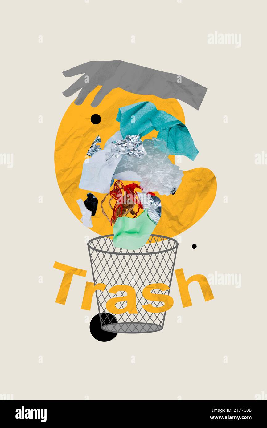 Vertical creative collage image of hands throw trash basket pollution ...