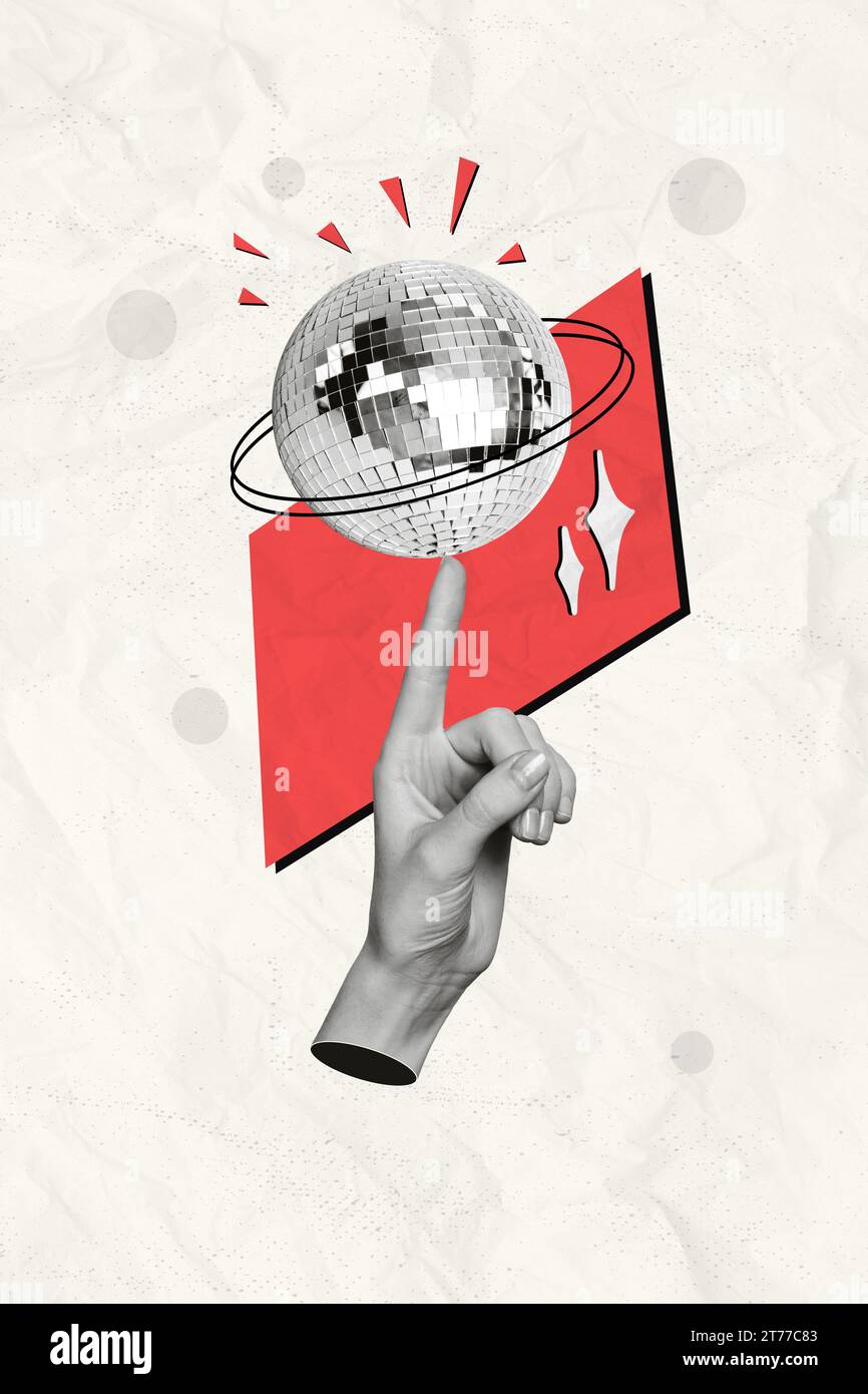 Poster banner image collage of spinning finger disco ball isolated on ...