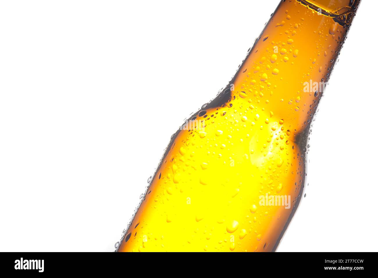 detail of tilted bottle of fresh beer with drops, with space for text ...