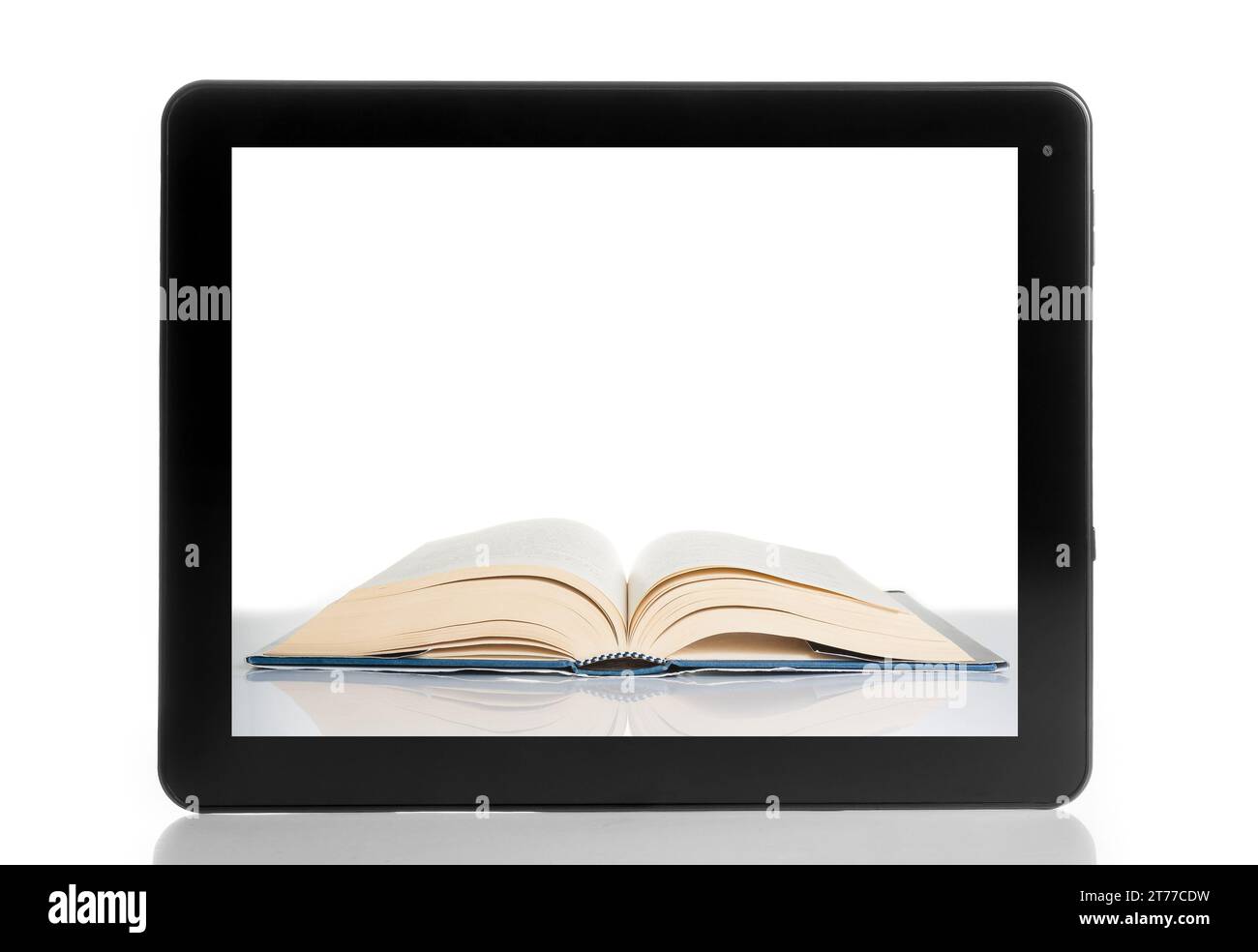 book inside tablet pc isolated on white background, digital library ...