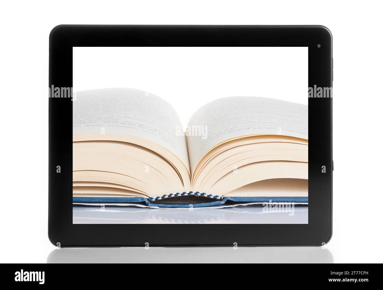 book and tablet pc isolated on white background, digital library ...