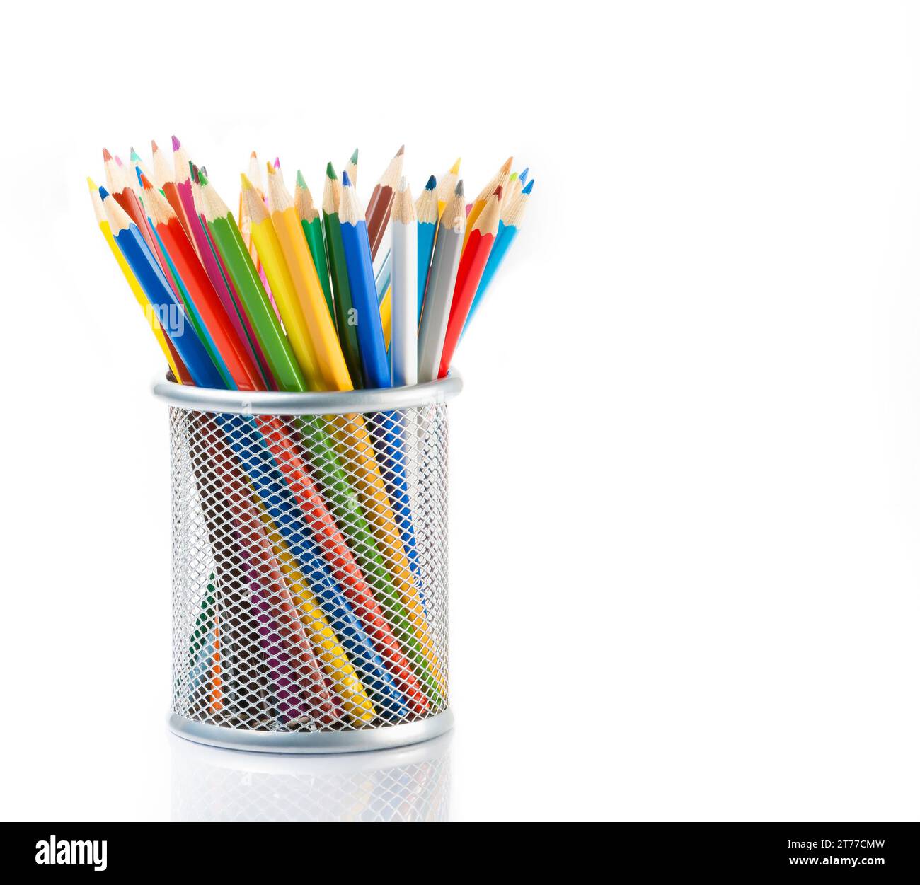 colorful pencils in container isolated on white background with space ...