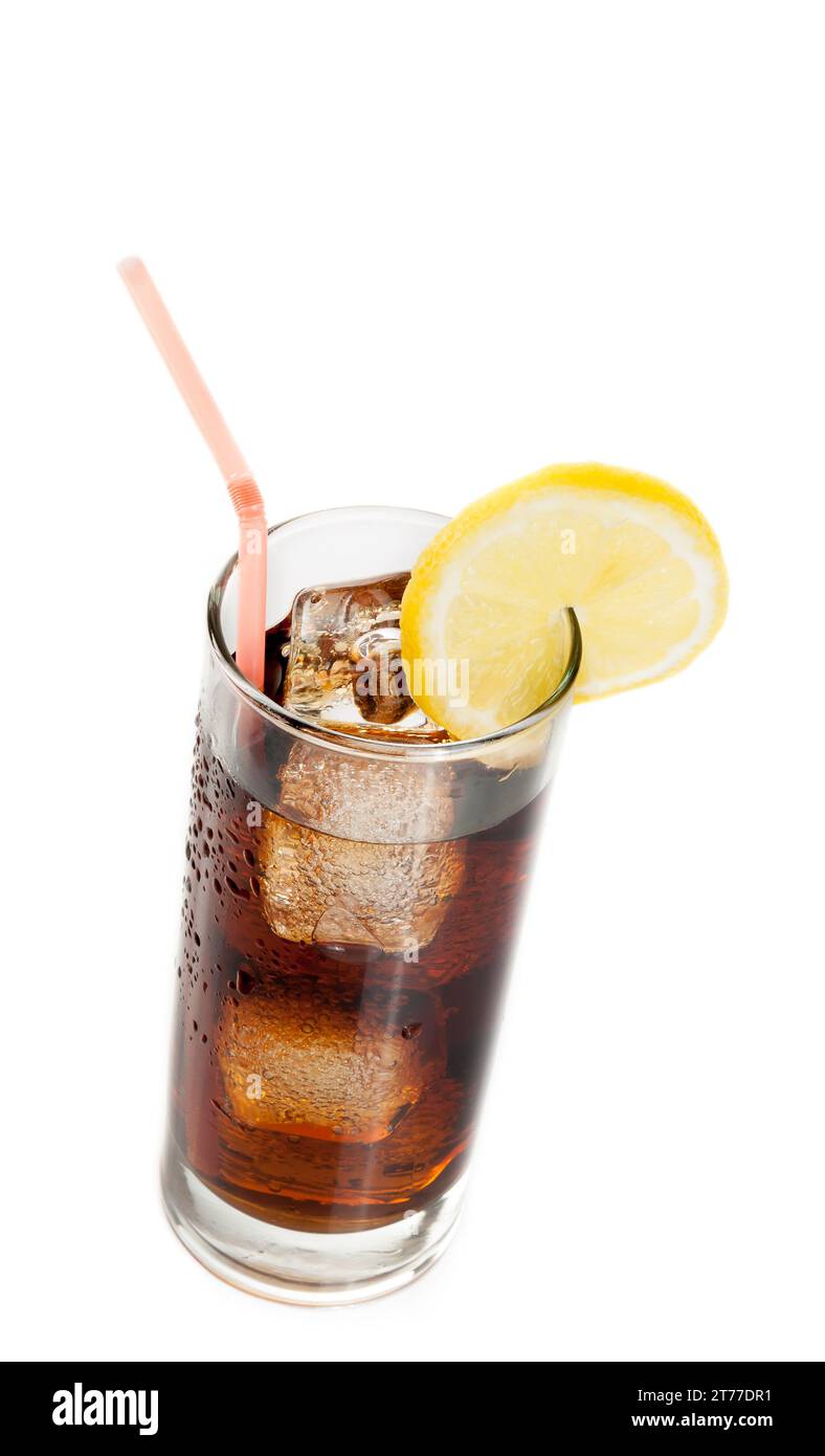 fresh coke with straw with lemon slice on top and white background ...