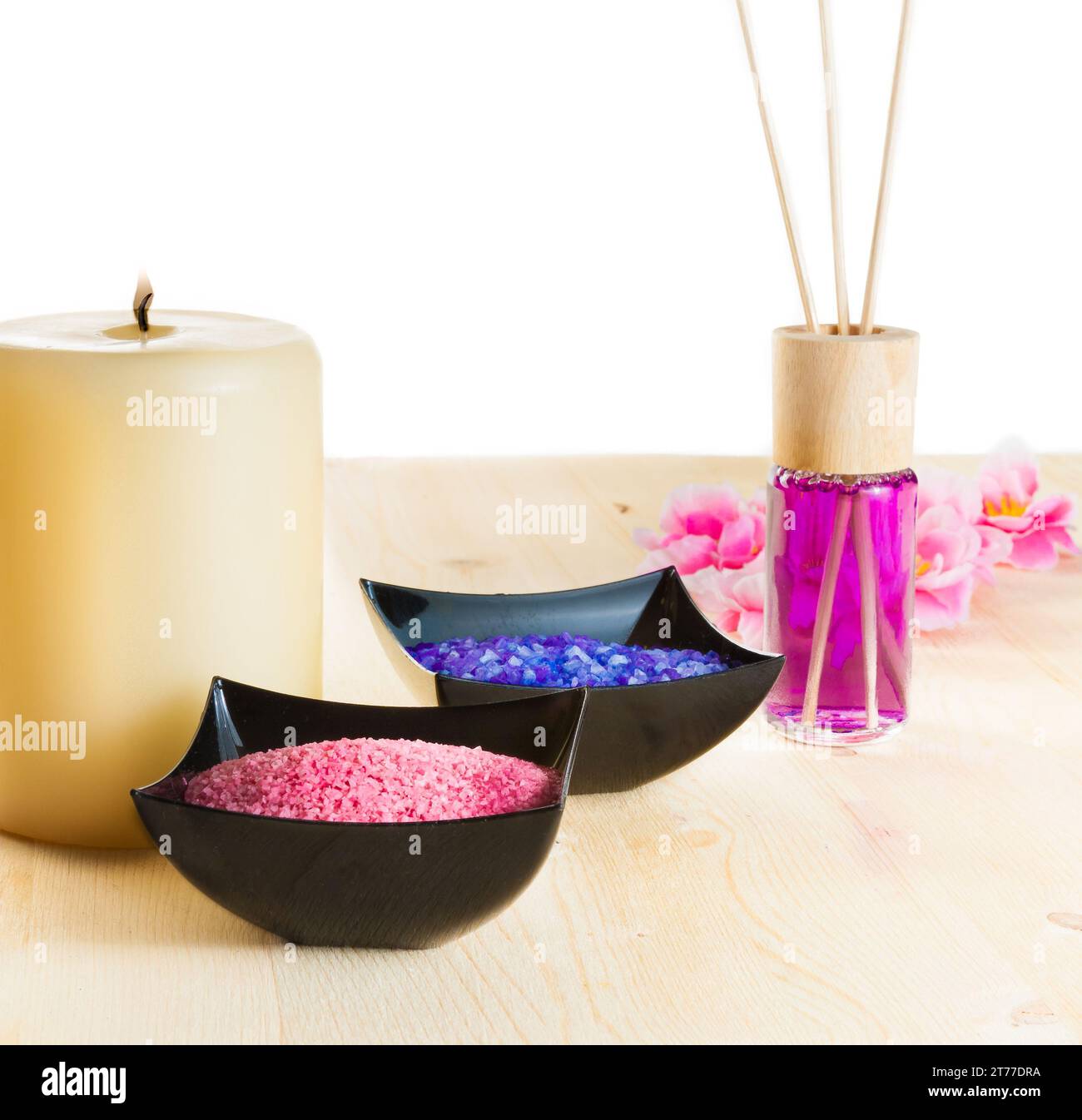 Spa massage border background with perfume diffuser and sea salt on ...