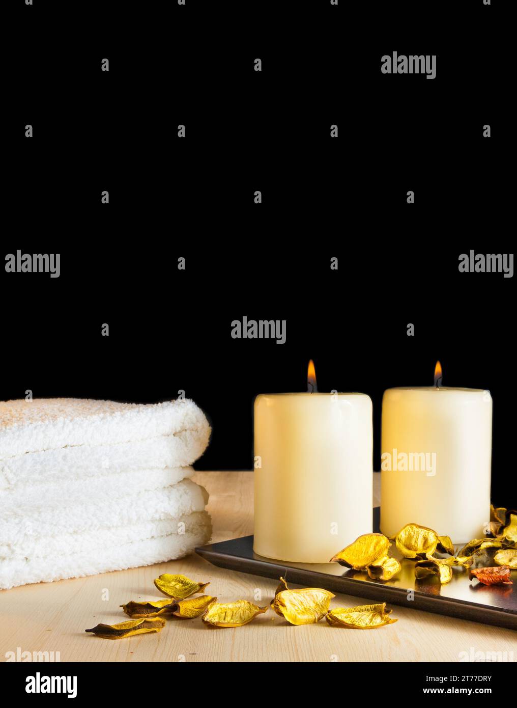 Spa massage border background with towel stacked, perfumed leaves and ...