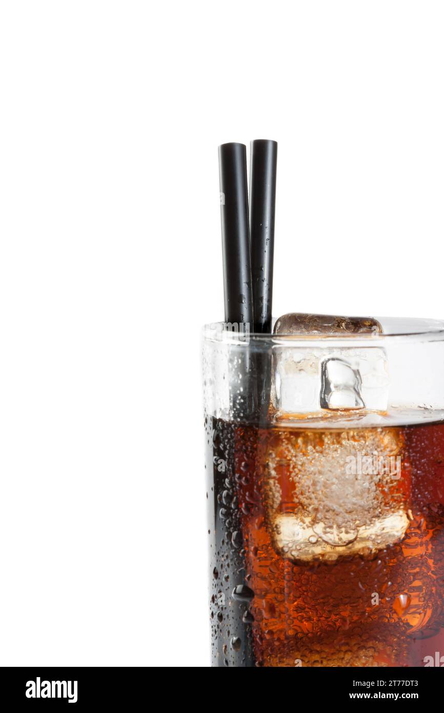 detail of fresh coke with black straw on white background with space ...