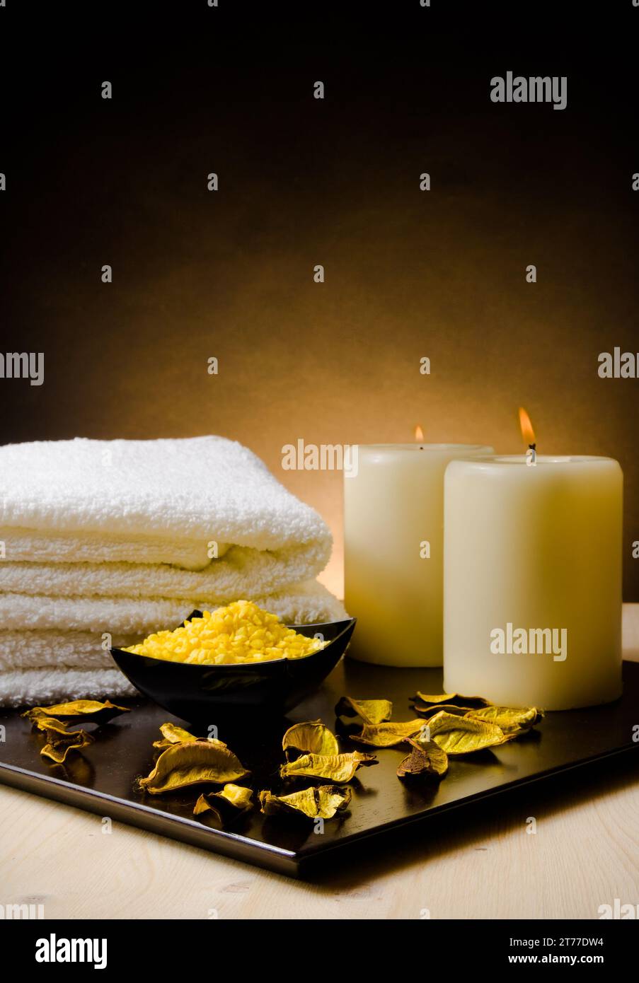 Spa massage border background with towel stacked, perfumed leaves ...