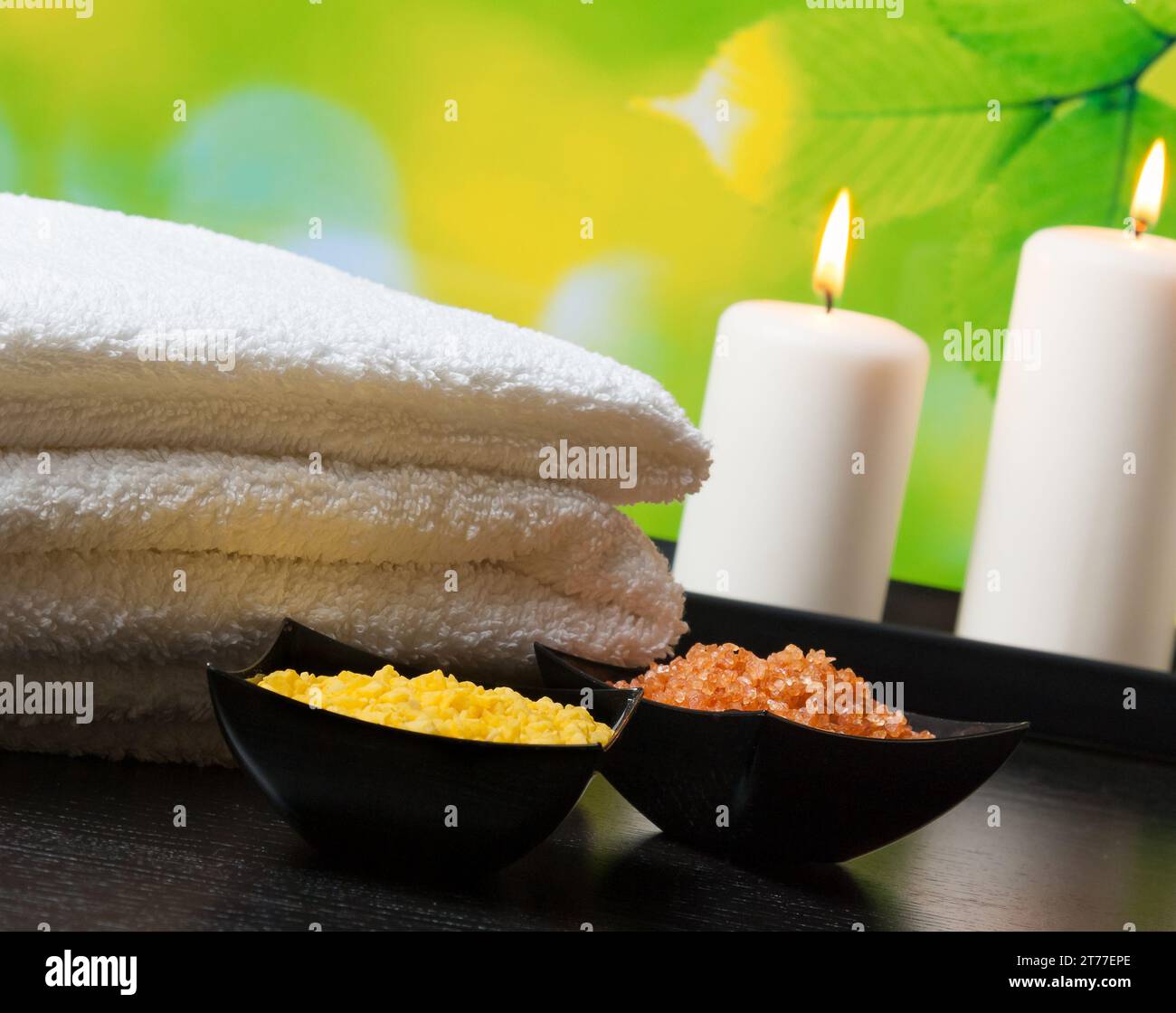 Spa Massage Border Background With Towel Stackedcandles And Sea Salt