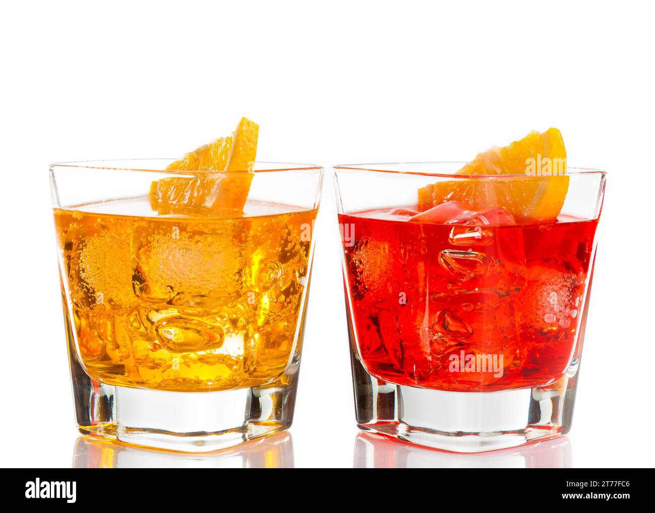 red and yellow cocktail with orange slice on top isolated on white ...
