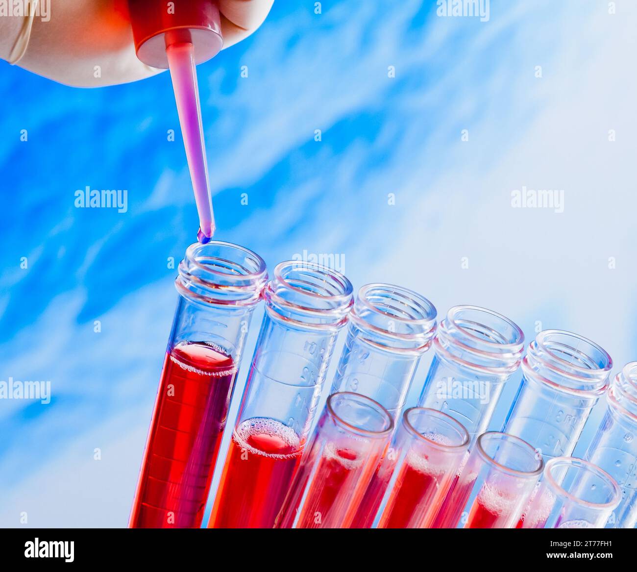 closeup of test tubes with pipette on red liquid on blue blur abstract ...
