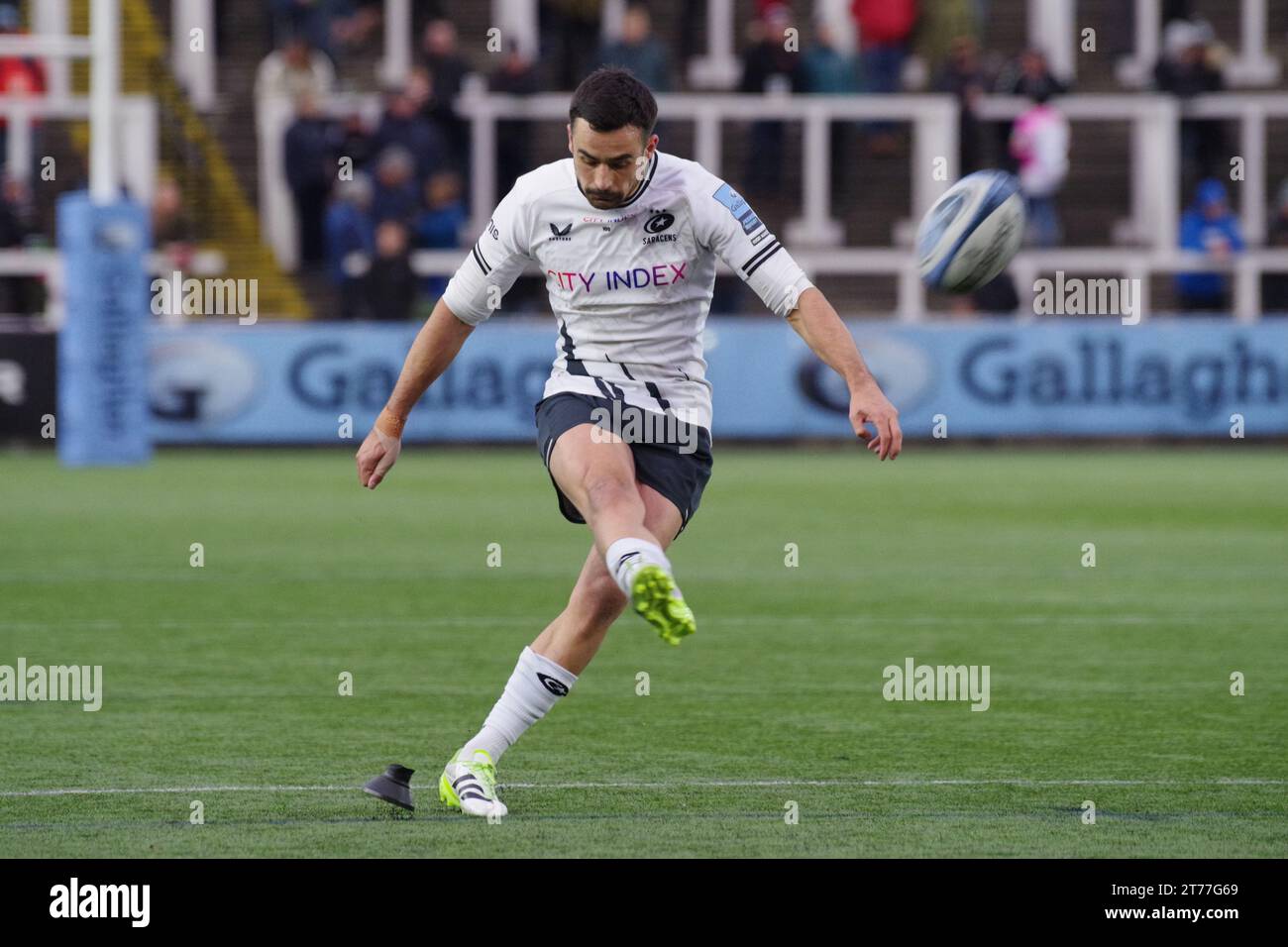 Newcastle upon Tyne, 12 November 2023. Alex Lozowski kicking a ...