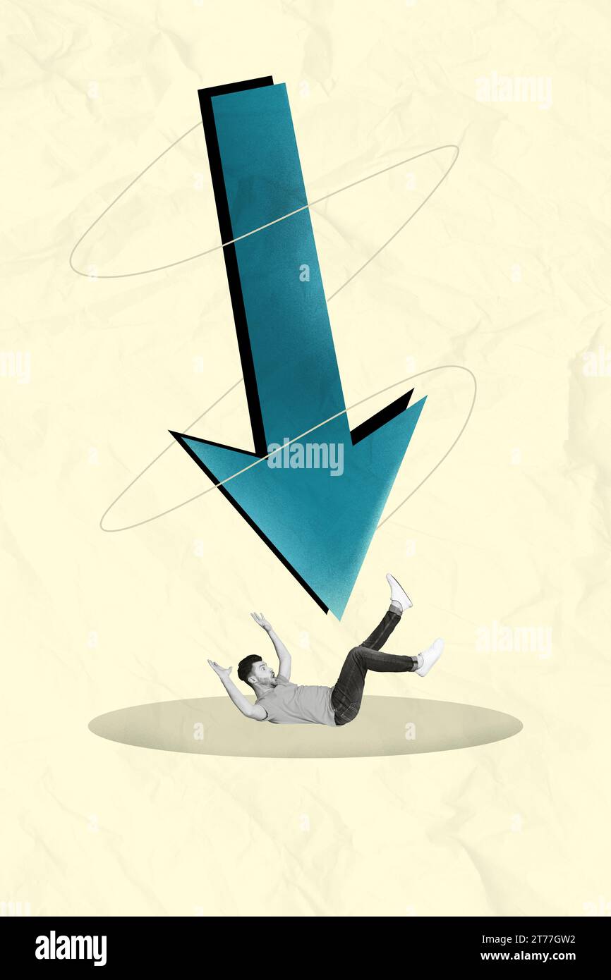 Image poster collage of sad afraid scared man lying under huge arrow ...