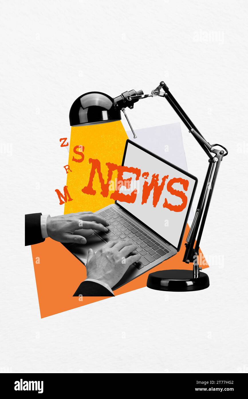 Creative drawing collage picture of hands typing journalist reporter ...