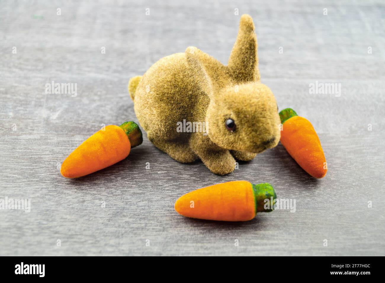 bunny toy with carrots on gray Stock Photo - Alamy